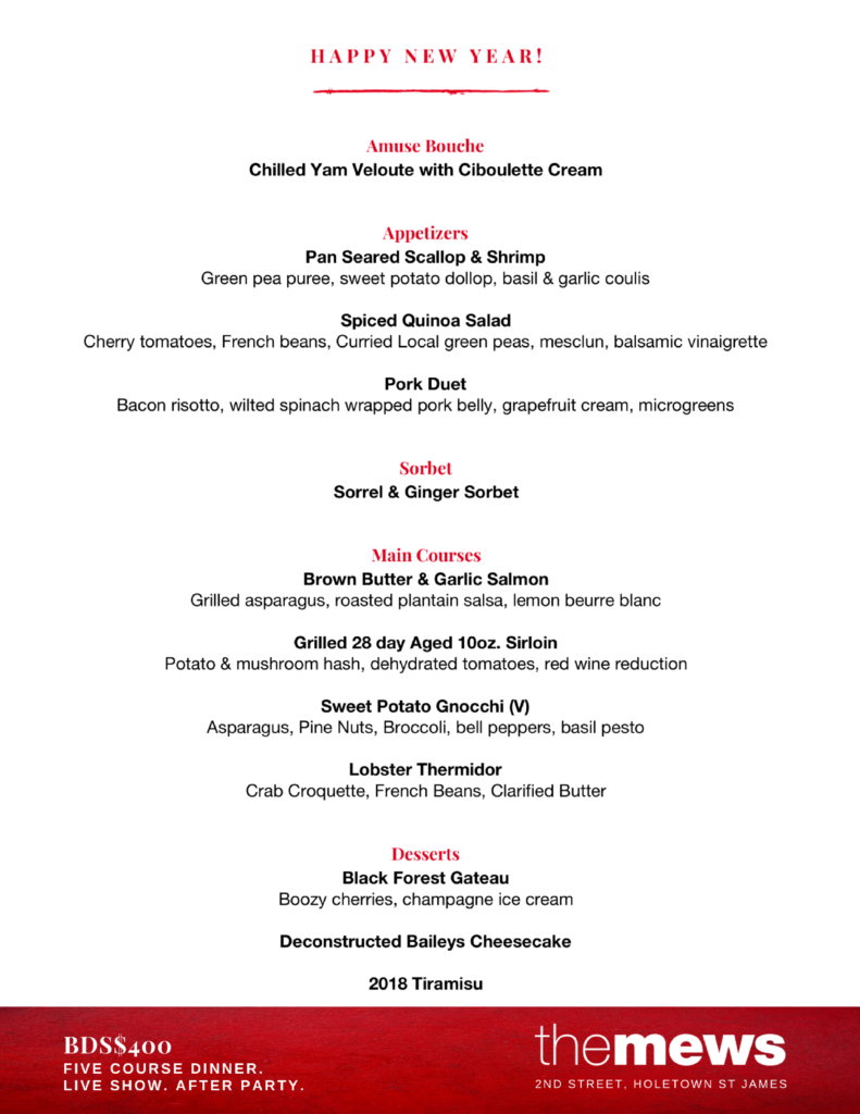 The Mews - NYE 2017 - The Menu - The Mews Barbados
