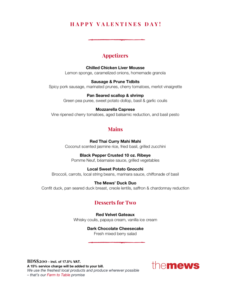 Valentines Day 2018 menu (updated) - The Mews Barbados Valentines Day 2018 menu (updated) - The Mews Barbados